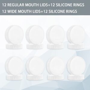 12 Wide Mouth Plastic Mason Jar Lids and 12 Regular Mouth White Canning Lids with Silicone Seals Rings Fits Ball/Kerr Jars, Leak-Proof & Anti-Scratch Surface, 24 Pack