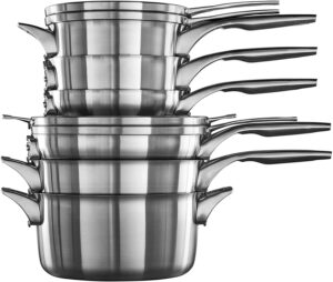 calphalon premier space-saving stainless steel pots and pans, 10-piece cookware set