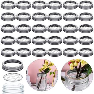 30 pieces mason flower jar lid mason jar lids with straw hole stainless steel flower insert lid insert mason grid organizer lid decorative flower organizer lid for regular mouth