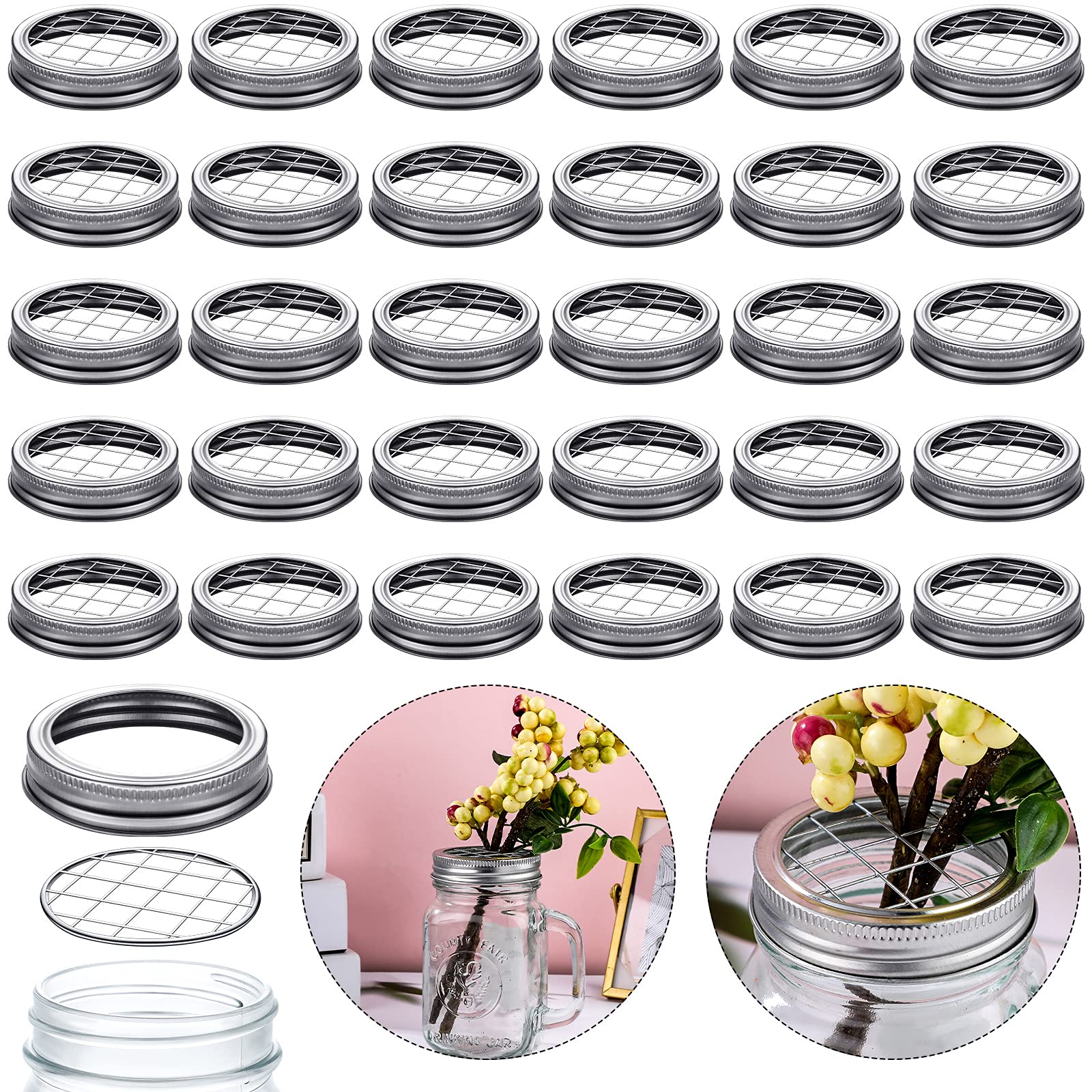 30 Pieces Mason Flower Jar Lid Mason Jar Lids with Straw Hole Stainless Steel Flower Insert Lid Insert Mason Grid Organizer Lid Decorative Flower Organizer Lid for Regular Mouth