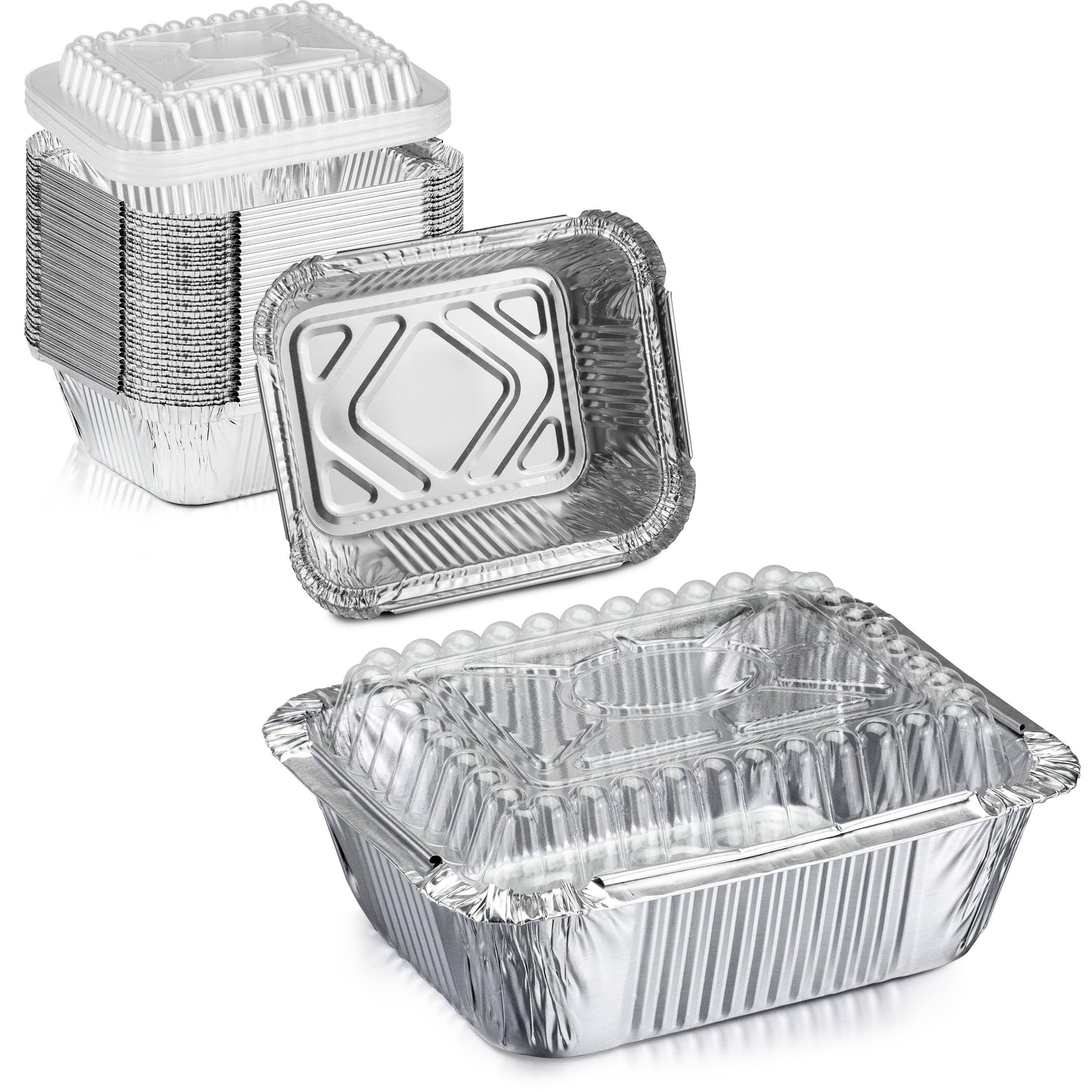 Fit Meal Prep 50 Pack 1 lb Aluminum Foil Pans with Clear Lids, 6 x 5 x 2 Disposable Aluminum Food Take Out Containers, Heavy Duty Aluminum Baking Pan for Catering, Packaging Freezer Oven Safe