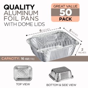 Fit Meal Prep 50 Pack 1 lb Aluminum Foil Pans with Clear Lids, 6 x 5 x 2 Disposable Aluminum Food Take Out Containers, Heavy Duty Aluminum Baking Pan for Catering, Packaging Freezer Oven Safe