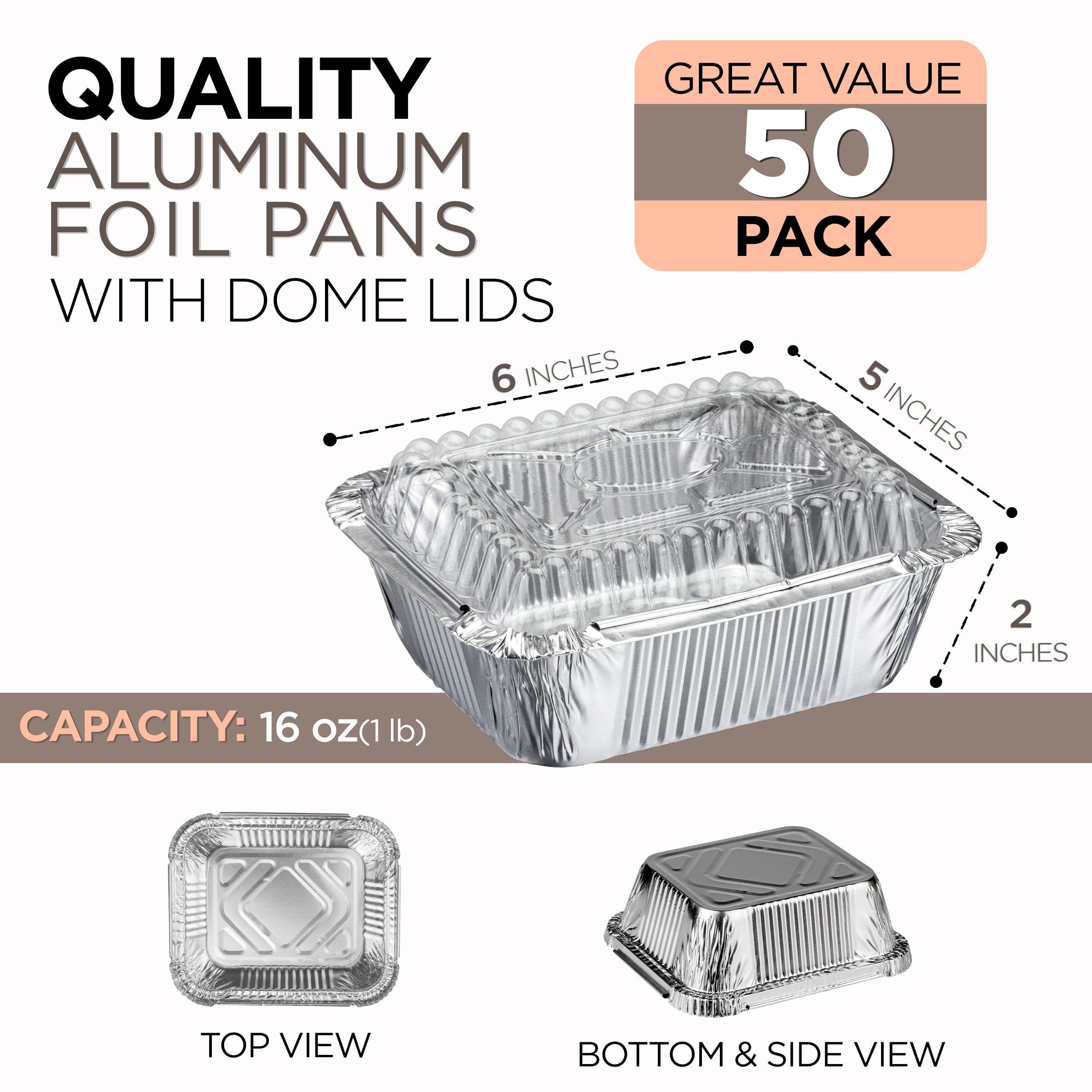 Fit Meal Prep 50 Pack 1 lb Aluminum Foil Pans with Clear Lids, 6 x 5 x 2 Disposable Aluminum Food Take Out Containers, Heavy Duty Aluminum Baking Pan for Catering, Packaging Freezer Oven Safe