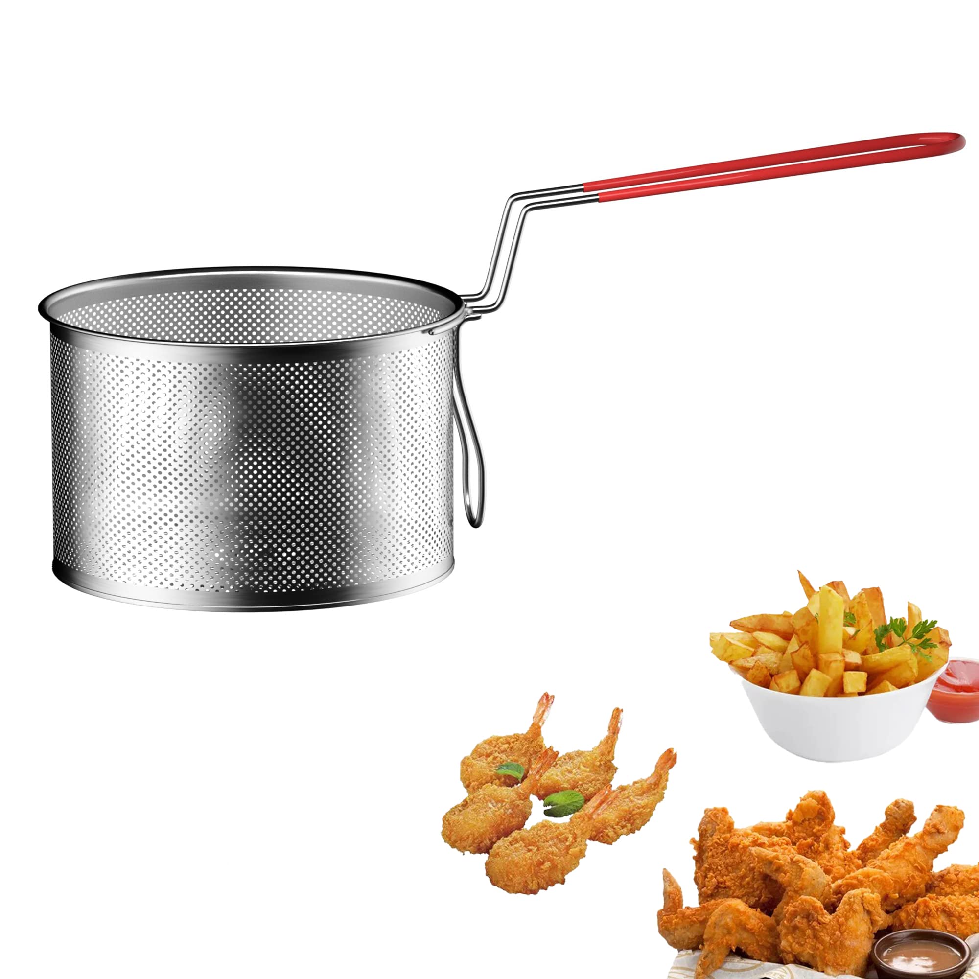 KIKIBRO Deep Fryer Basket 7.87" x 3.94", Round Stainless Steel Fry Baskets With Handle and Resting Hook for French Chips, Onion Rings, Chicken Wings, Pasta Small