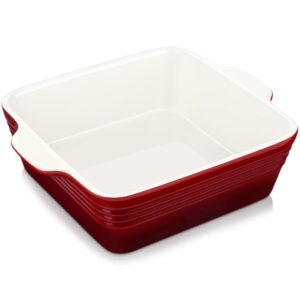 lovecasa 8x8 inch baking pan, 2 quart square cake pan baking dish for oven, stoneware brownie pan non-stick, casserole baking pan with handle,ceramic bread pans for baking, red