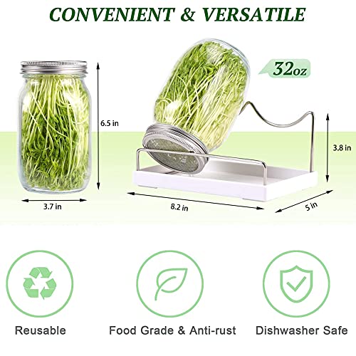 Sprouting Kit-2 Wide Mouth Quart Mason Jars with 304 Stainless Steel Screen Sprout Lids,Melamine Tray,Stand and Canning Brush,Sprouting jar Kit For Growing Mung beans,Broccoli And So On