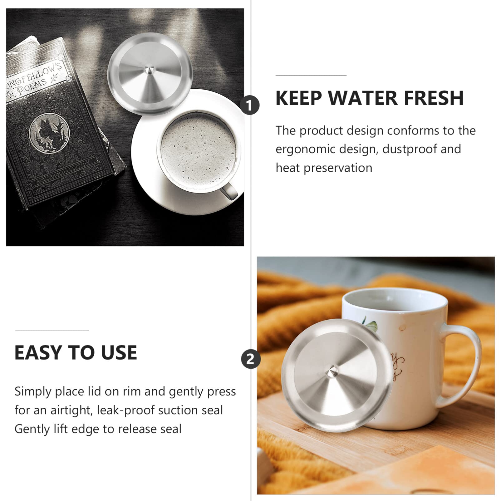 Cabilock 2Pcs Stainless Steel Water Coffee Tea Cup Lid Cover Mug Cap Cover for Kitchen Coffee Water 10cm