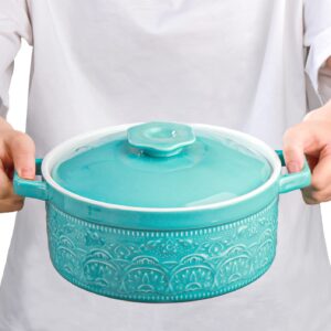 Elsjoy 2 Quart Ceramic Casserole Dish with Lid, 7.5 Inch Round Covered Casserole Pot Oven Safe Glazed Ceramic Baking Dish, Lace Emboss Bakeware Stew Pot for Soup, Dinner, Non-Stick