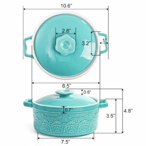 Elsjoy 2 Quart Ceramic Casserole Dish with Lid, 7.5 Inch Round Covered Casserole Pot Oven Safe Glazed Ceramic Baking Dish, Lace Emboss Bakeware Stew Pot for Soup, Dinner, Non-Stick