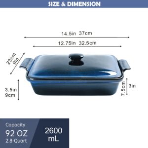 UNICASA Casserole Dish with Lid, Ceramic 2.8 QT Baking Dish for Cooking, Porcelain 9x13 Inch Lasagna Pan, Oven Safe Bakeware Set, Reactive Glaze (Blue)