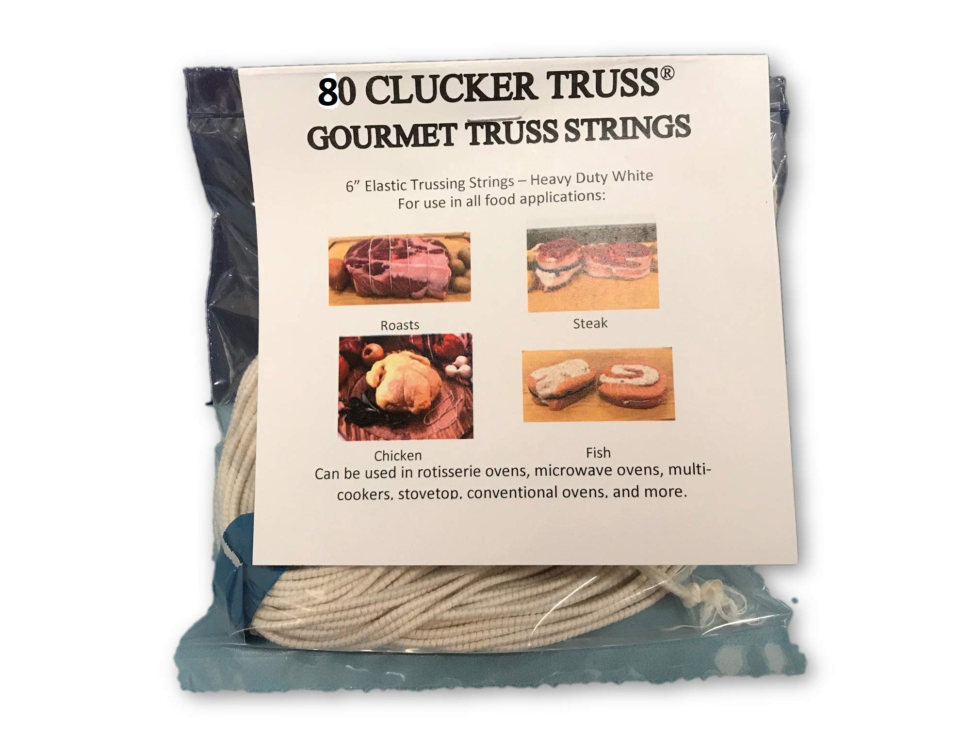 Clucker-Truss Gourmet Elastic Trussing Strings; 6 Inch White Heavy Duty (80 pack, White)