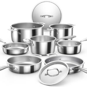 Nuwave Pro-Smart 9pc Stainless Steel Cookware Set, Heavy-Duty Tri-Ply 3.1mm Thickness, 18/10SS, Space Saving Nestable Design, Stay-Cool Handles, Induction-Ready, Works on All Cooktops, 20Yeär Wärranty