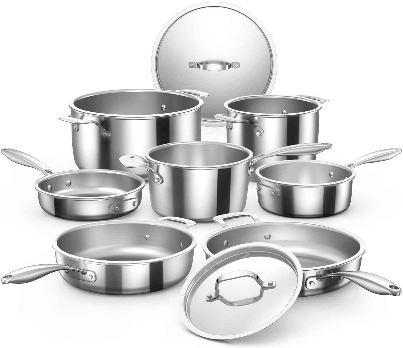 Nuwave Pro-Smart 9pc Stainless Steel Cookware Set, Heavy-Duty Tri-Ply 3.1mm Thickness, 18/10SS, Space Saving Nestable Design, Stay-Cool Handles, Induction-Ready, Works on All Cooktops, 20Yeär Wärranty