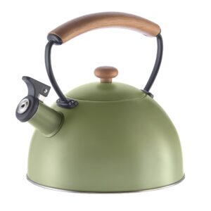 oggi tea kettle for stove top - 85oz / 2.5lt, stainless steel kettle with loud whistle & stay-cool wood handle, ideal hot water kettle and water boiler - green