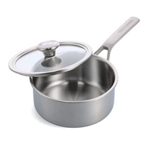 merten & storck tri-ply stainless steel 3qt saucepan pot with lid, professional cooking, multi clad, measurement markings, drip-free pouring edges, durable glass lid, induction, oven & dishwasher safe