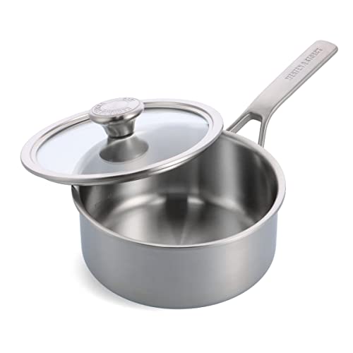 Merten & Storck Tri-Ply Stainless Steel 3QT Saucepan Pot with Lid, Professional Cooking, Multi Clad, Measurement Markings, Drip-Free Pouring Edges, Durable Glass Lid, Induction, Oven & Dishwasher Safe