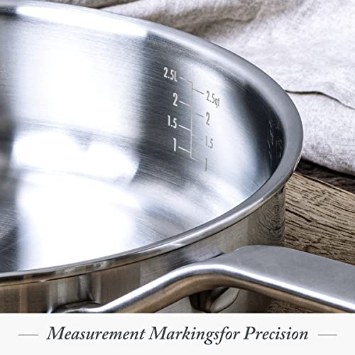 Merten & Storck Tri-Ply Stainless Steel 3QT Saucepan Pot with Lid, Professional Cooking, Multi Clad, Measurement Markings, Drip-Free Pouring Edges, Durable Glass Lid, Induction, Oven & Dishwasher Safe