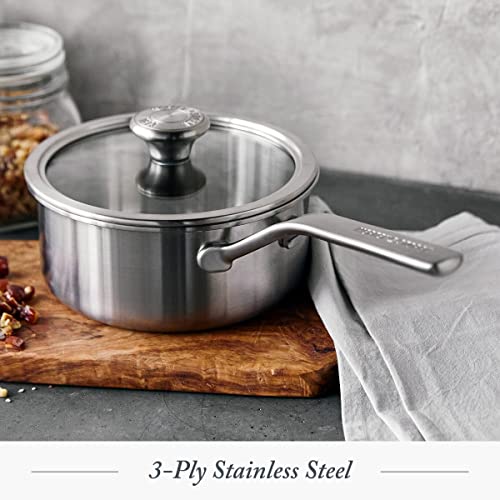 Merten & Storck Tri-Ply Stainless Steel 3QT Saucepan Pot with Lid, Professional Cooking, Multi Clad, Measurement Markings, Drip-Free Pouring Edges, Durable Glass Lid, Induction, Oven & Dishwasher Safe