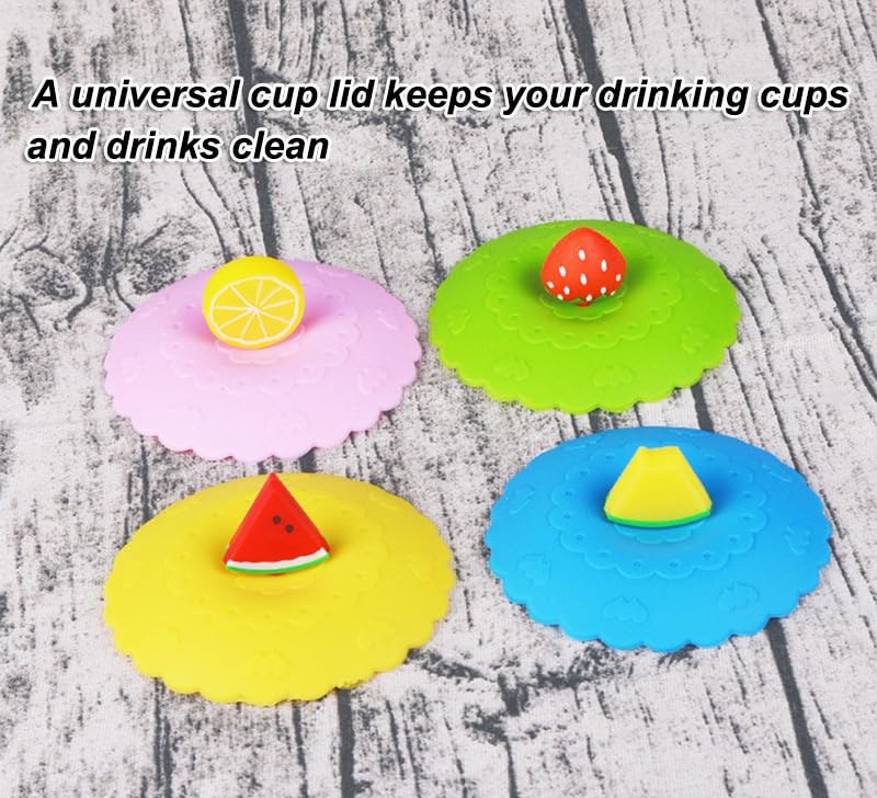 AKOAK 4 Pcs Lovely Fruit Lace Pattern Silicone Cup Lid, Creative Sealing Leakproof Glass Cup Lid Coffee Cup Suction Lid