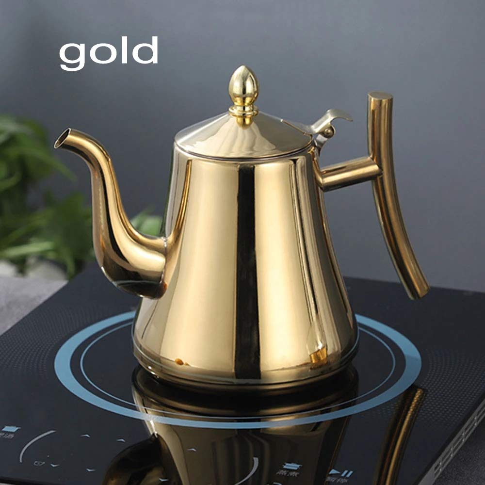 1L/1.5L Stainless Steel Water Kettle TeaPot Thicker With Filter Hotel Tea Pot Coffee Pot Induction Cooker Tea Kettle Gold Silver (1L gold)