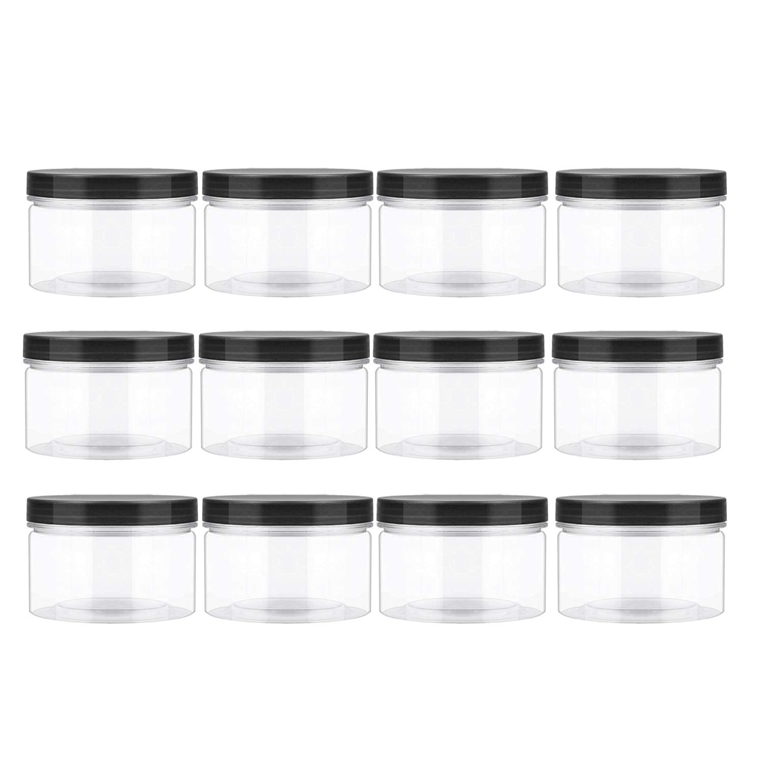 11.5oz (340 ml) Empty Clear Wide Mouth Plastic Jars with Smooth Black Lids and Labels (12 Pack) – PET Containers Great for Cream,Cosmetics,Slime Storage Jars –BPA Free