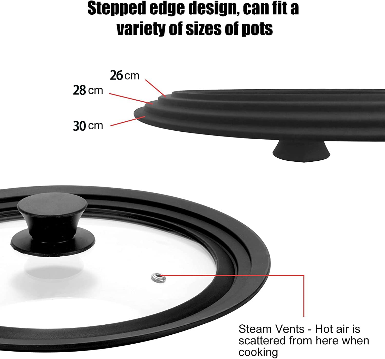 Universal Lid for Pots, Pans and Skillets - Tempered Glass with Heat Resistant Silicone Rim and Heat Resistant Handle Fits 10", 11" and 12" Diameter Cookware, Black