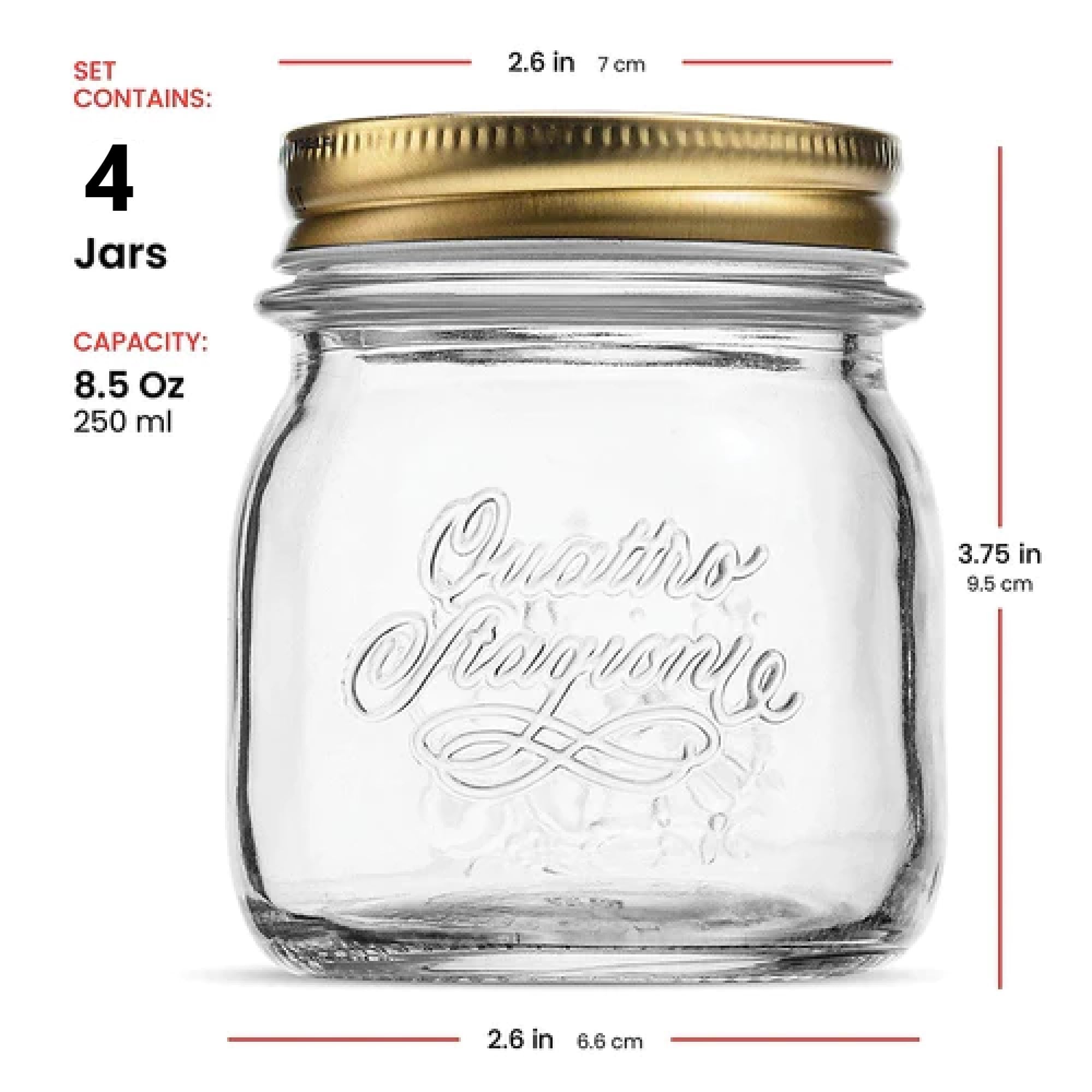 Bormioli Rocco Quattro Stagioni set of 4 Clear Airtight Mason Jars, 8.5 Oz. Made from BPA Free Durable Glass, Made In Italy.