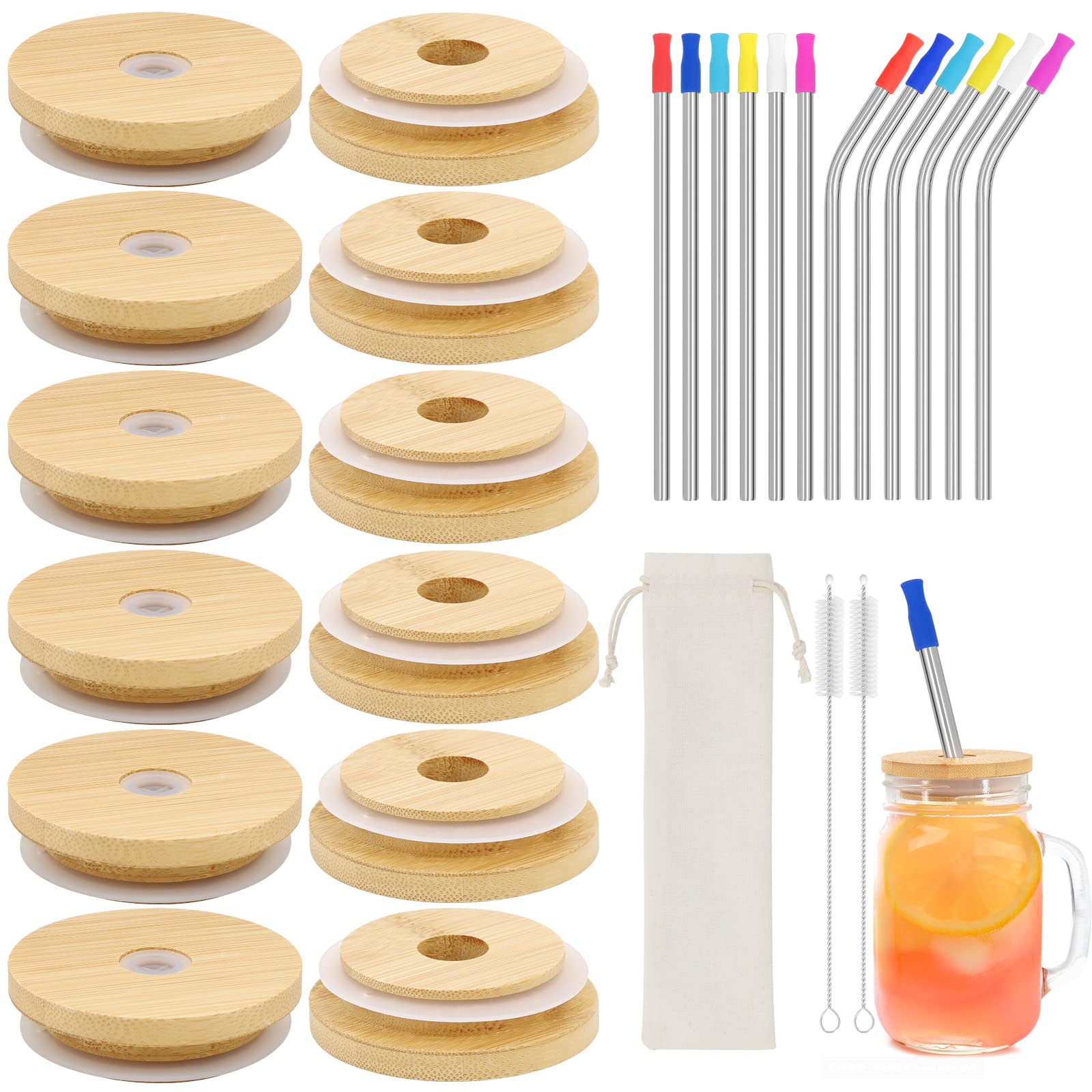 Mason Jar Lids - 12 Pack Mason Lids - Bamboo Wood with Silicone Sealing Rings for Regular Mouth Mason Jar Drinking Straw Lids with 12 Stainless Steel Straws