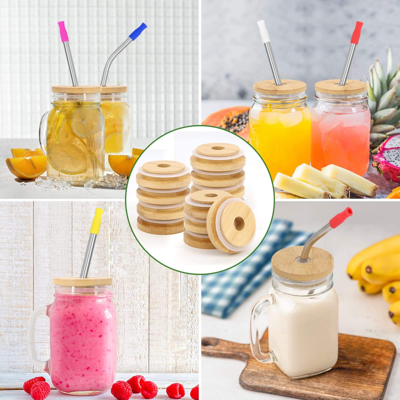 Mason Jar Lids - 12 Pack Mason Lids - Bamboo Wood with Silicone Sealing Rings for Regular Mouth Mason Jar Drinking Straw Lids with 12 Stainless Steel Straws