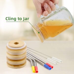 Mason Jar Lids - 12 Pack Mason Lids - Bamboo Wood with Silicone Sealing Rings for Regular Mouth Mason Jar Drinking Straw Lids with 12 Stainless Steel Straws