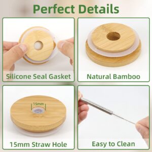 Mason Jar Lids - 12 Pack Mason Lids - Bamboo Wood with Silicone Sealing Rings for Regular Mouth Mason Jar Drinking Straw Lids with 12 Stainless Steel Straws