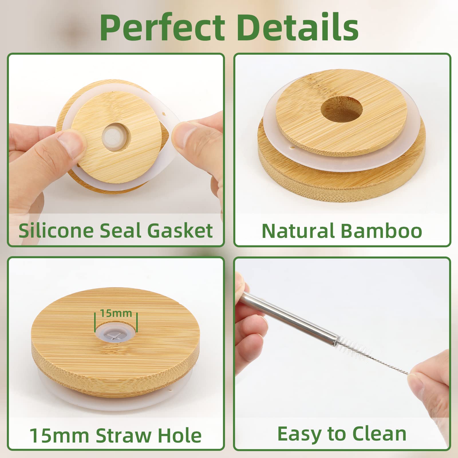 Mason Jar Lids - 12 Pack Mason Lids - Bamboo Wood with Silicone Sealing Rings for Regular Mouth Mason Jar Drinking Straw Lids with 12 Stainless Steel Straws