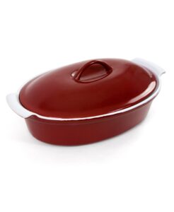 hell's kitchen enameled stoneware oval covered casserole dish, 3.5 quarts, red (oval, with lid)