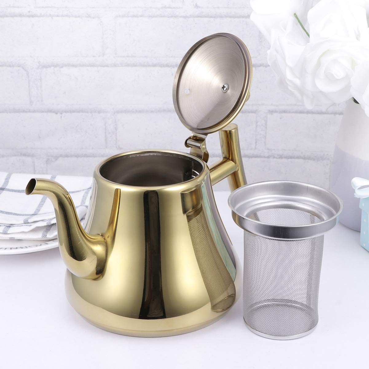 Cabilock 1L Stainless Steel Tea Pot with Removable Infuser Coffee Water Small Kettle Filter Set for Stovetop Induction Stove Top (Golden)