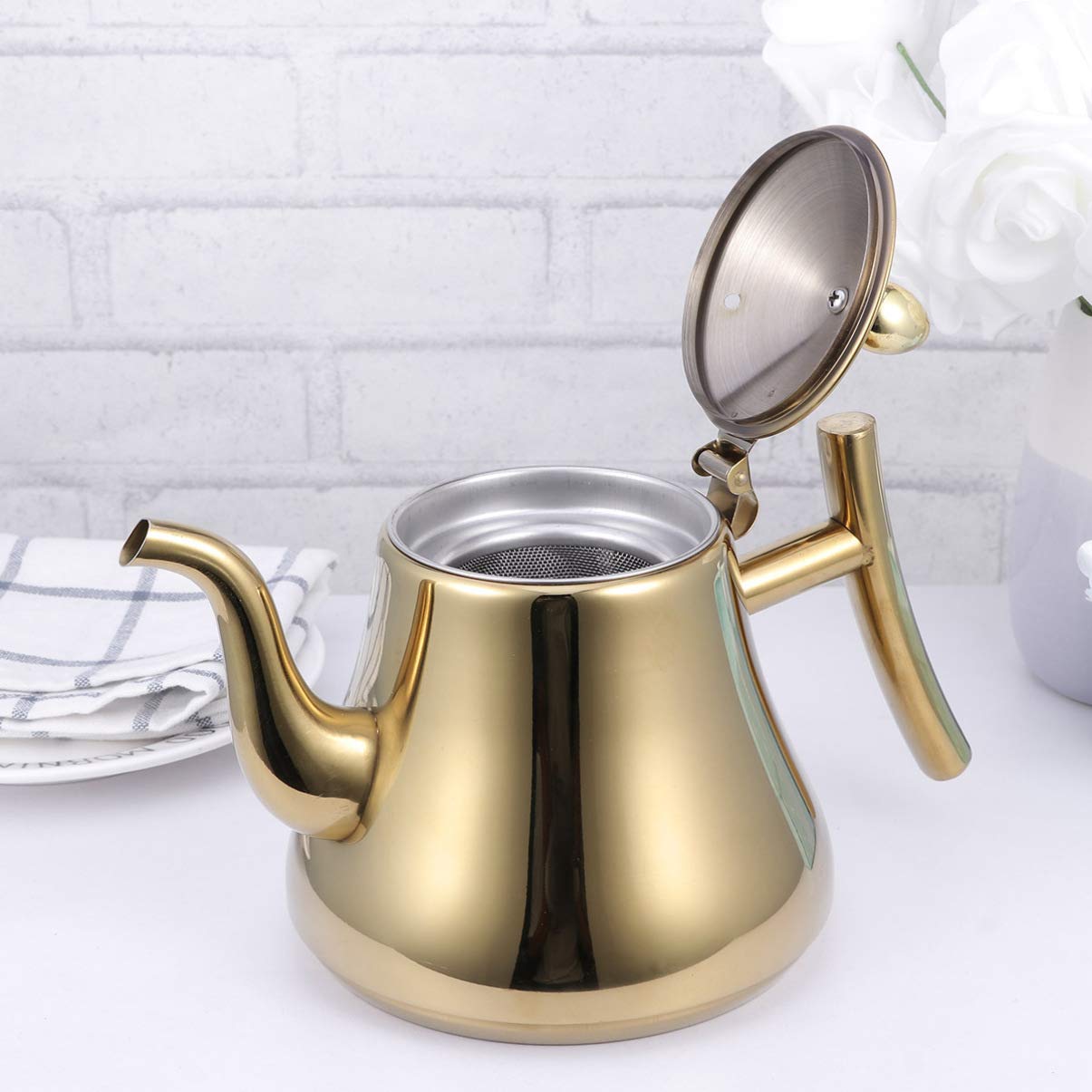 Cabilock 1L Stainless Steel Tea Pot with Removable Infuser Coffee Water Small Kettle Filter Set for Stovetop Induction Stove Top (Golden)