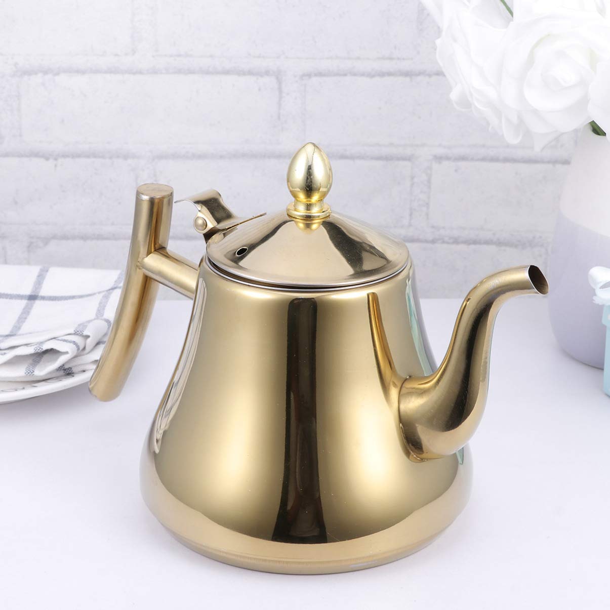 Cabilock 1L Stainless Steel Tea Pot with Removable Infuser Coffee Water Small Kettle Filter Set for Stovetop Induction Stove Top (Golden)