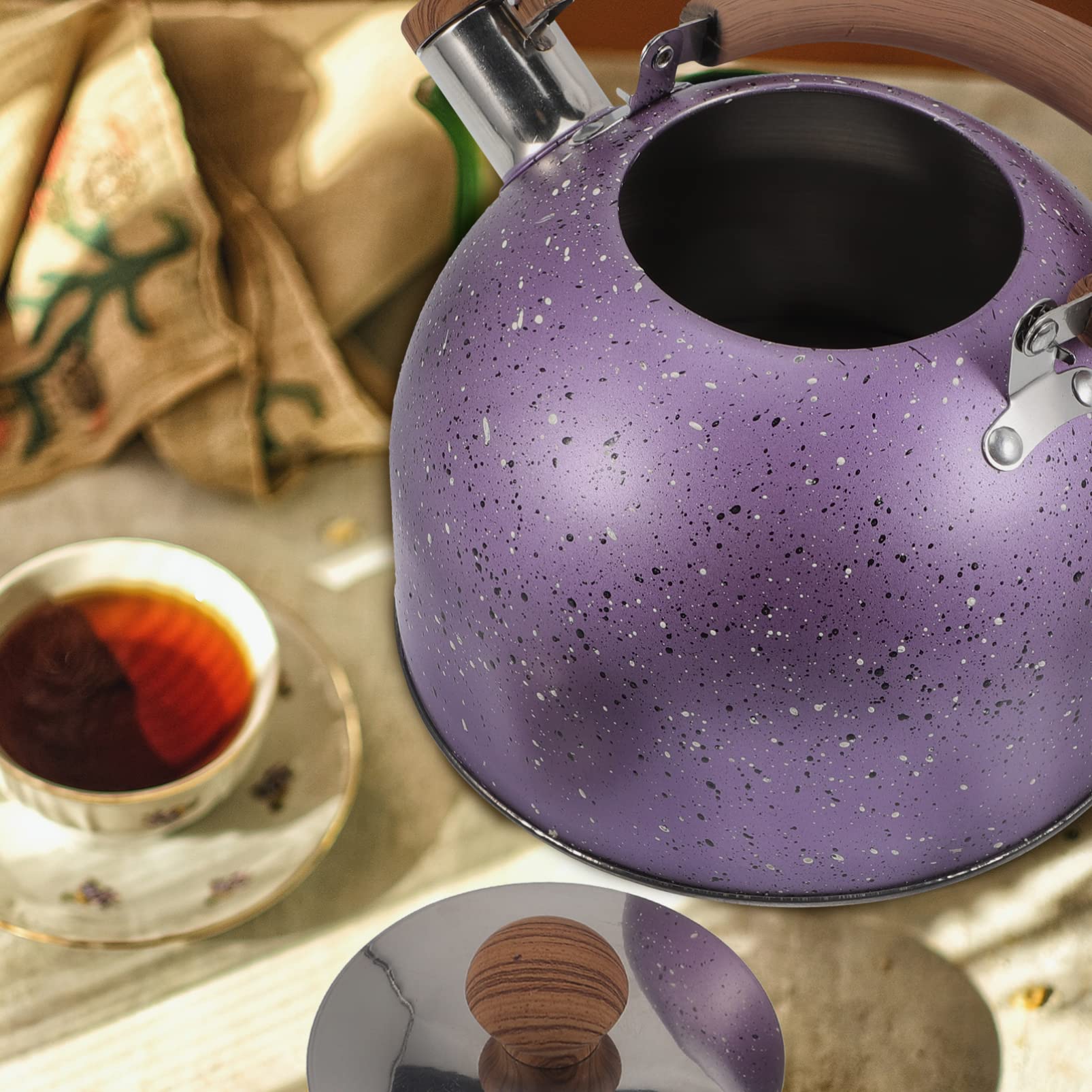 Hemoton Stovetop Tea Kettle Stainless Steel Whistling Teapot Water Kettle Stove Coffee Kettle with Cool Grip Ergonomic Handle for Boiling Water 2L Purple