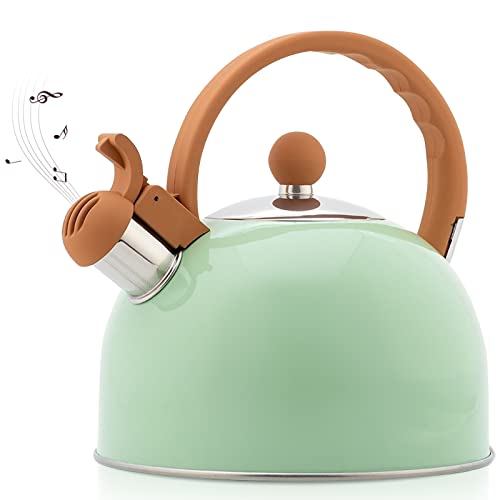 SHSYCER Tea Kettle, 2.6 Quart /2.5 Liter Stainless Steel Tea Pot, Food Grade Stovetops Tea pot Loud Whistling for Tea, Coffee, Milk etc, Gas Electric Applicable-Light Green