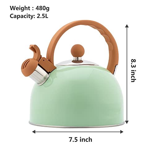 SHSYCER Tea Kettle, 2.6 Quart /2.5 Liter Stainless Steel Tea Pot, Food Grade Stovetops Tea pot Loud Whistling for Tea, Coffee, Milk etc, Gas Electric Applicable-Light Green