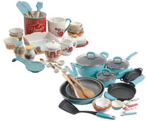 the pioneer woman vintage speckle 24-piece cookware combo set in turquoise bundle with copper charm stainless steel copper bottom cookware set, 10 piece