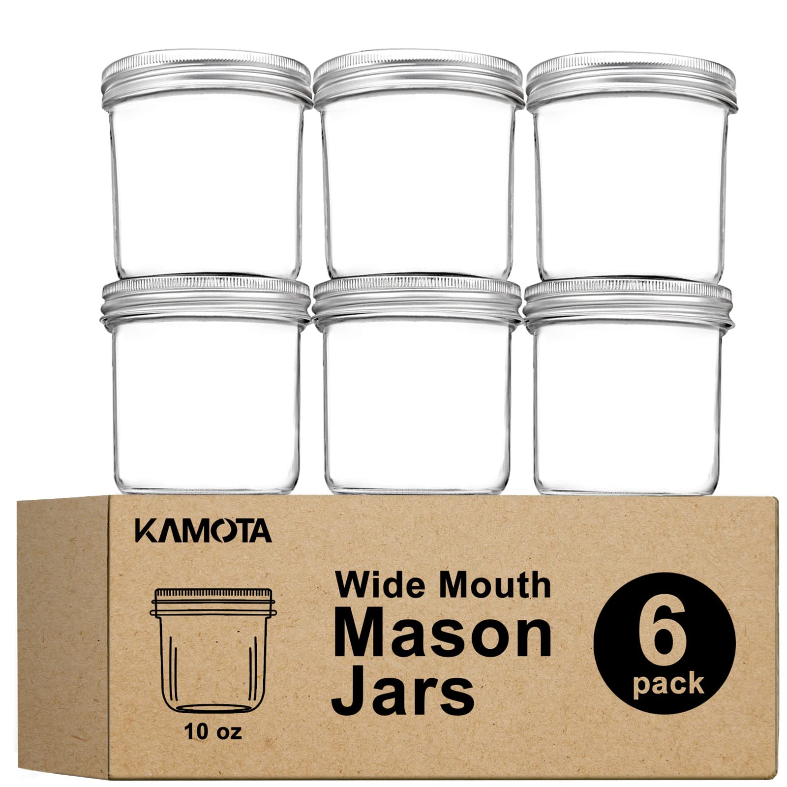 KAMOTA Wide Mouth Mason Jars 10 oz, 10oz Mason Jars Canning Jars Jelly Jars With Wide Mouth Lids and Bands, Ideal for Jam, Honey, Wedding Favors, Shower Favors, Baby Foods, 6 PACK…