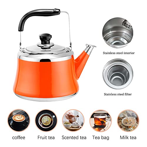 TailVeil Orange Tea Kettle, Tea Kettle Stovetop Teapot 304 Stainless Steel Tea Pots for Stove Top, Anti-Hot Handle,with removable tea basketSuitable for All Heat Source, Orange (2.11 Quart)