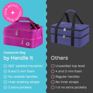 HANDLE IT Casserole Carriers for Hot or Cold Food – Expandable & Insulated Food Carrier with Anti-Wobble Handles & External Pockets – Casserole Carrying Cases, 16.1 x 11.8 x 7.9 In., Blue