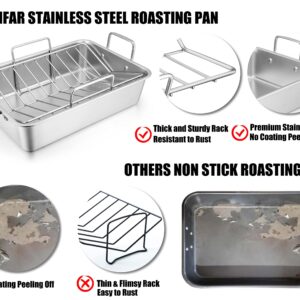 TeamFar Roasting Pan, Stainless Steel Large Turkey Roaster Pan with V Rack & Cooling Rack, Beer Can Chicken Holder & Meat Claws for Shredding & Silicone Brush, Healthy & Dishwasher Safe - 7 Pcs