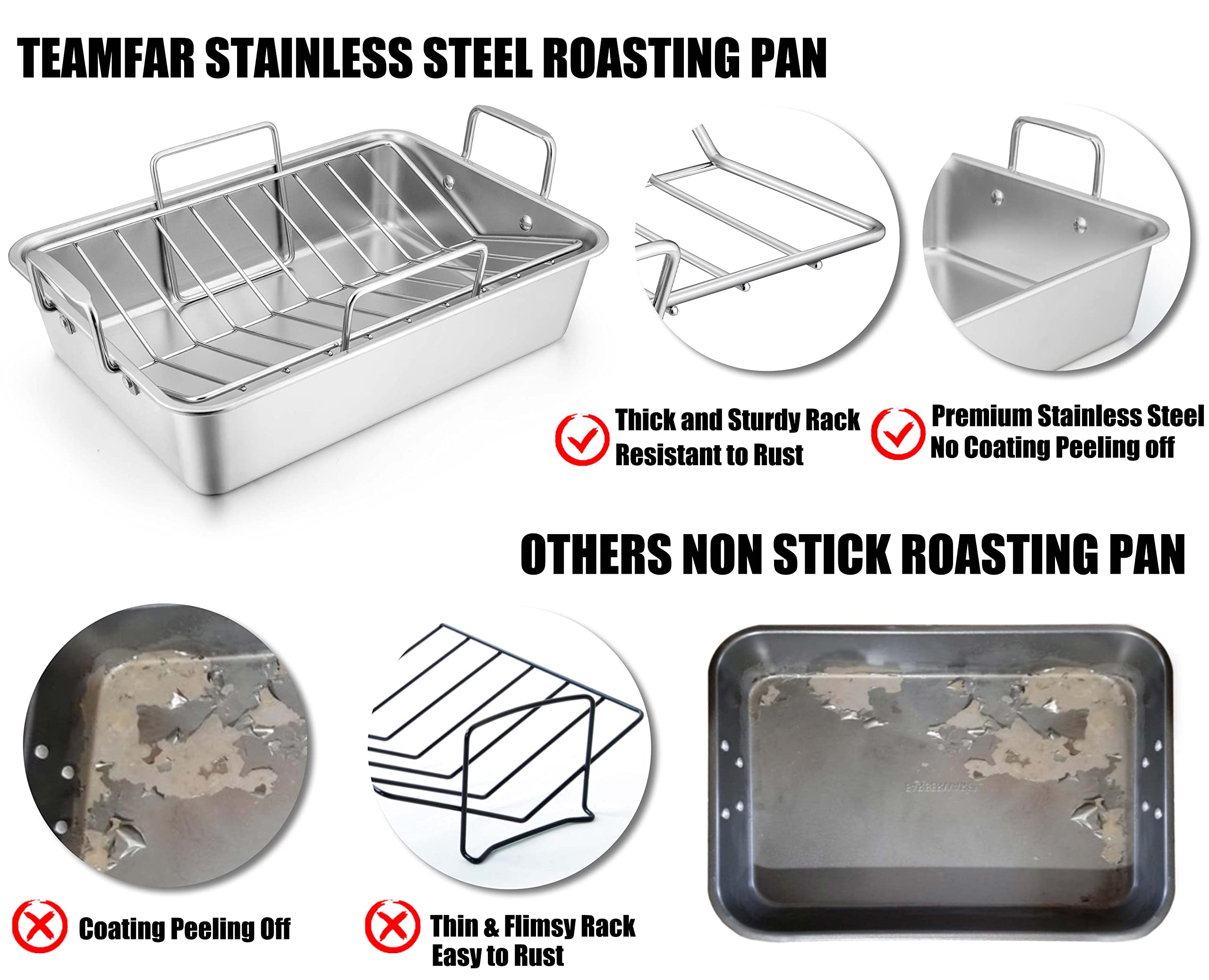 TeamFar Roasting Pan, Stainless Steel Large Turkey Roaster Pan with V Rack & Cooling Rack, Beer Can Chicken Holder & Meat Claws for Shredding & Silicone Brush, Healthy & Dishwasher Safe - 7 Pcs