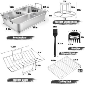 TeamFar Roasting Pan, Stainless Steel Large Turkey Roaster Pan with V Rack & Cooling Rack, Beer Can Chicken Holder & Meat Claws for Shredding & Silicone Brush, Healthy & Dishwasher Safe - 7 Pcs