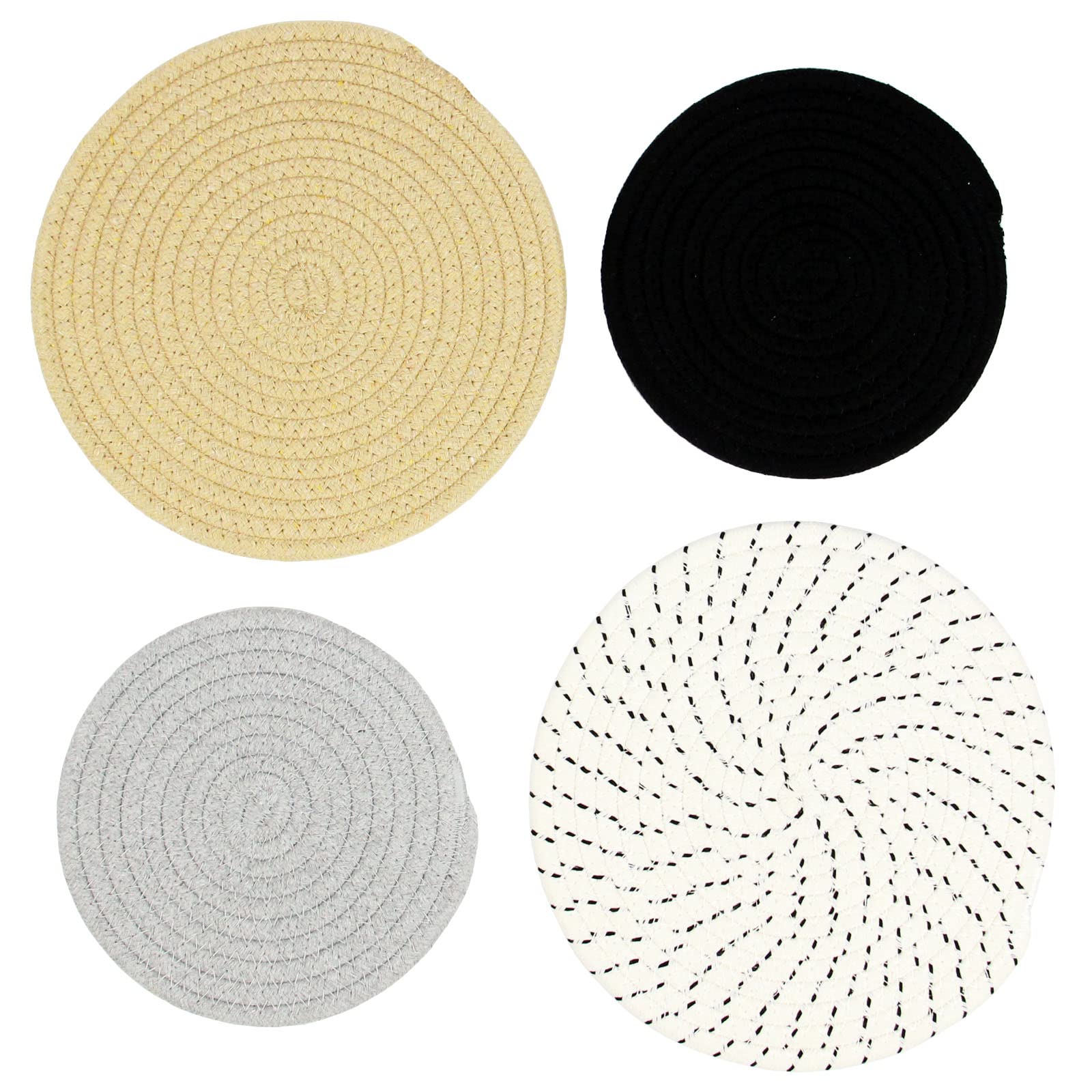 Casaphoria Potholders Set Trivets Set 4pcs 2Sizes 7 & 9 Inches Diameter 100% Eco Pure Cotton Thread Weave Trivets Hot Pots Pans Kitchen Trivets Dishes (Touch of Glam), Brown and Black