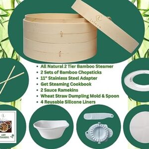 LUKARA Bamboo Steamer Basket – Dumpling Steamer Bamboo with Accessories – Bamboo Steamer 10 Inch with Silicone Steamer Liners, Cookbook, Chopsticks, Sauce Ramekins – Eco-Friendly Gift Set