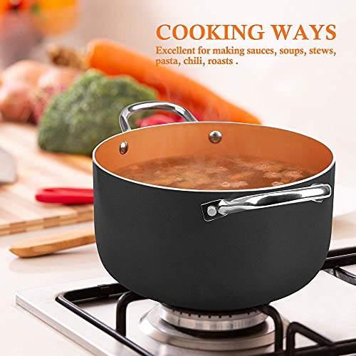 SHINEURI 5 Quart Nonstick Copper Stockpot with Lid - Deep stock pot with Stainless Steel Steamer Insert