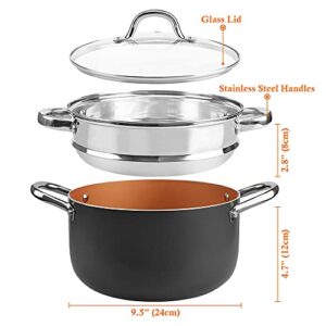 SHINEURI 5 Quart Nonstick Copper Stockpot with Lid - Deep stock pot with Stainless Steel Steamer Insert